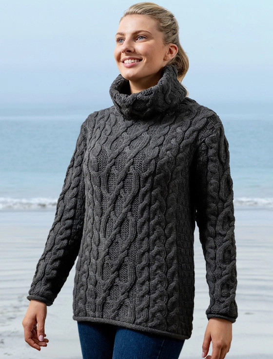 ladies cable knit sweater, wool cable knit sweater, turtleneck | Aran ...