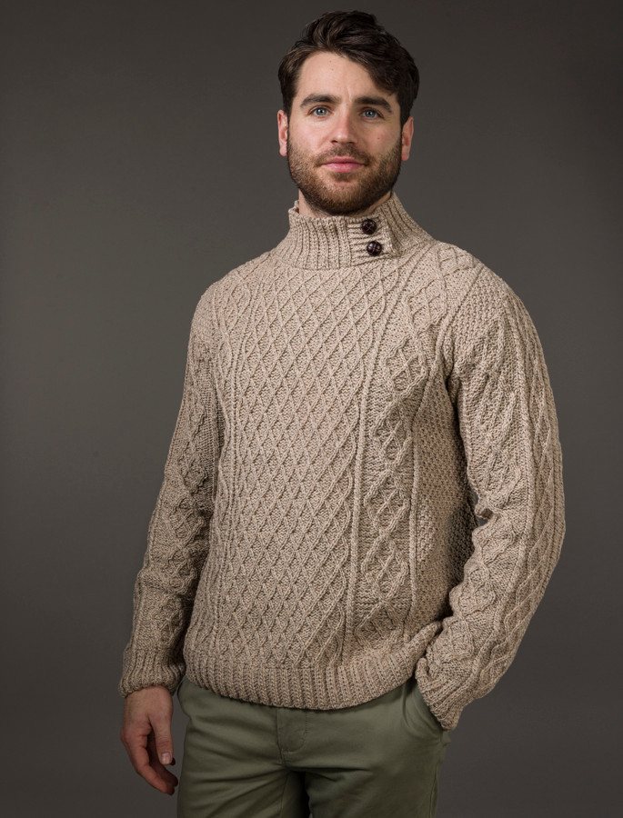 Mens Merino Aran Button Collar Sweater | Aran Sweater Market