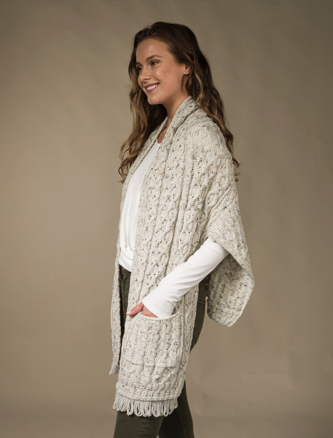 Aran Shawl Wrap with Pockets, cable knit wrap
