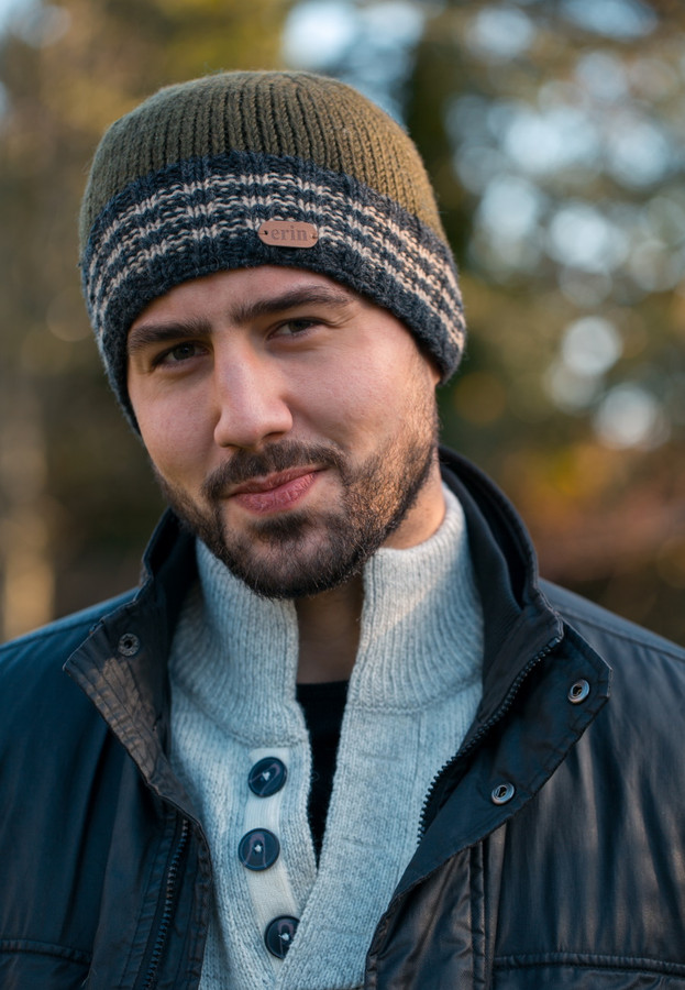 Men's Wool Ribbed Pull-on Hat With White-Stripes | Aran Sweater Market
