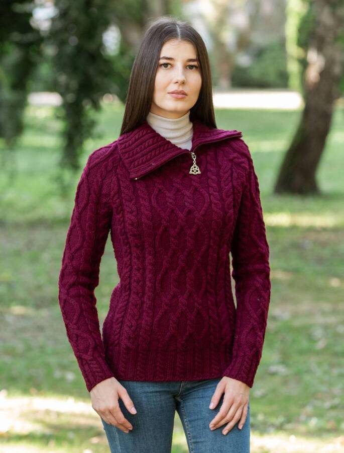Ladies Zipper Neck Sweater - Aran Sweater Market