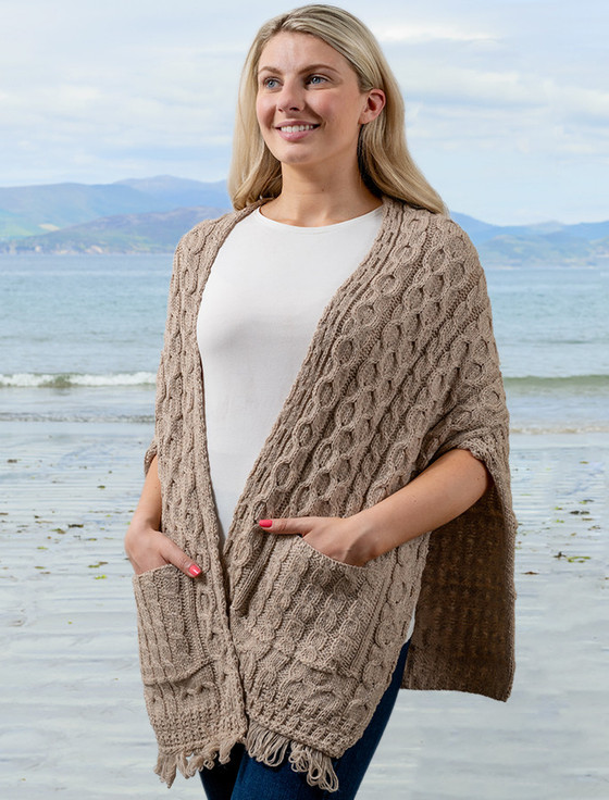 Aran Shawl Wrap with Pockets, cable knit wrap