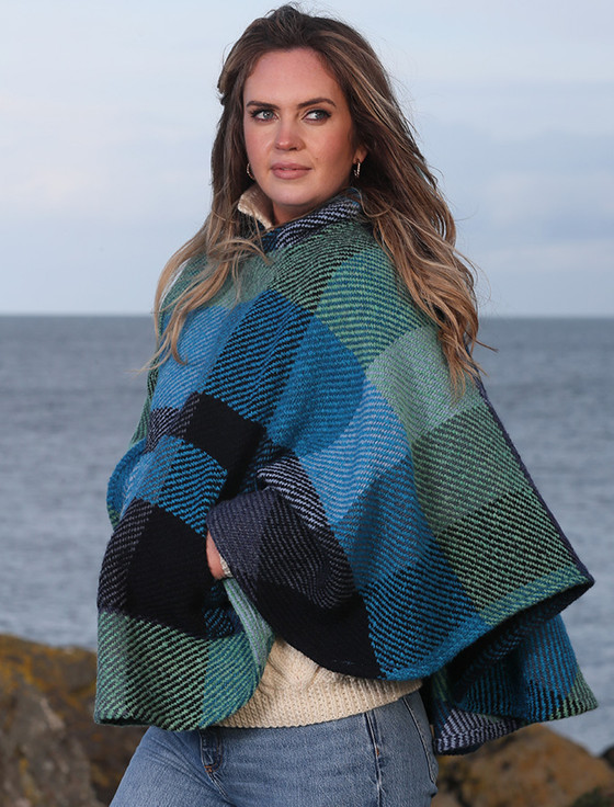 Cheryl Herringbone Hooded Poncho - Kildare Blue | Aran Sweater Market