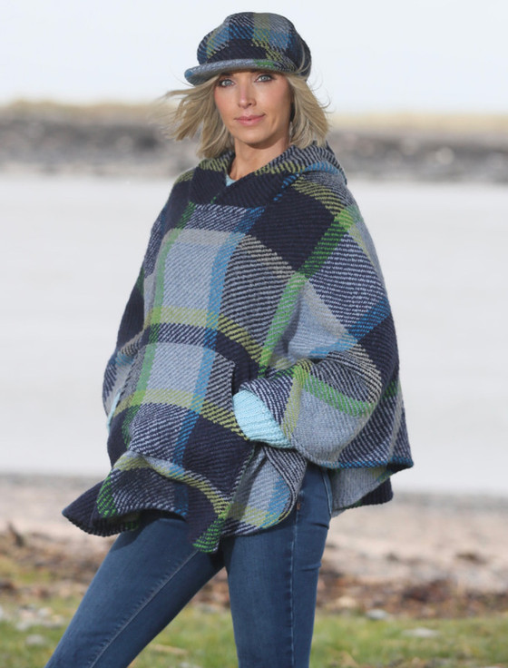 Cheryl Herringbone Hooded Poncho - Galway Blue | Aran Sweater Market