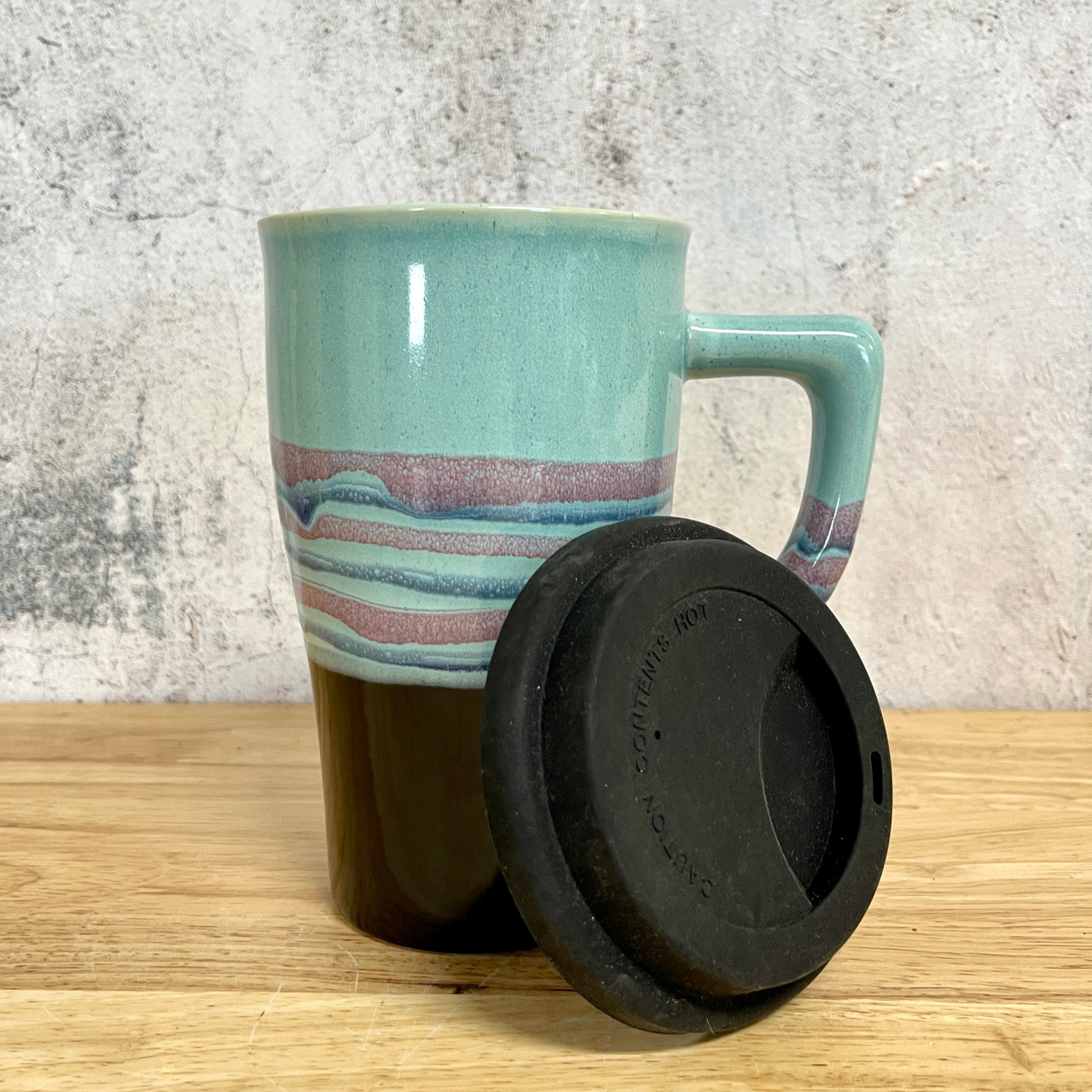 Handmade Pottery Double Walled Tall Travel Mug with handle Desert Blue