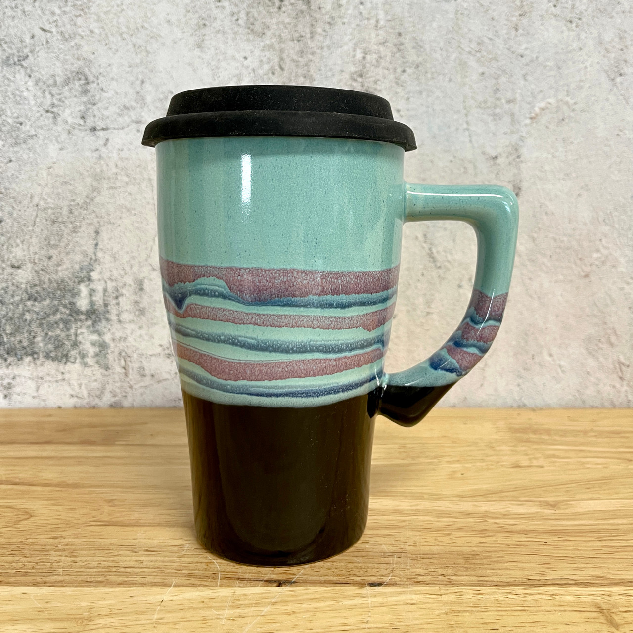 Handmade Pottery Double Walled Tall Travel Mug with handle Desert Blue