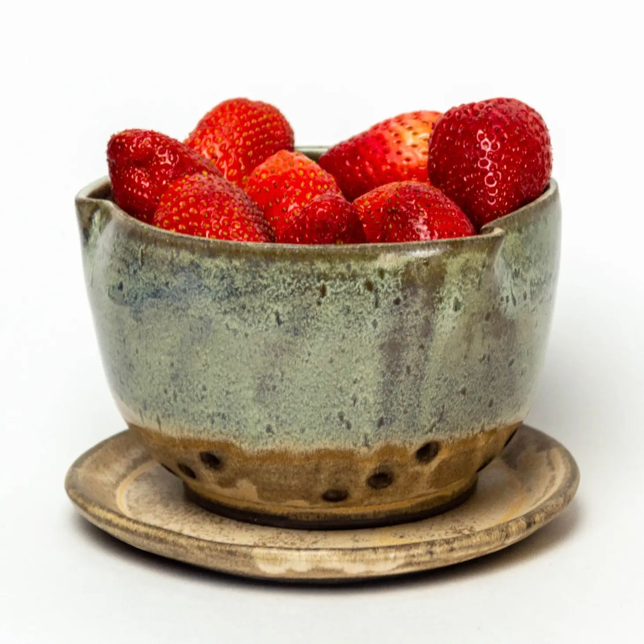 Handmade Berry Bowl/Colander -Handmade Stoneware Chocolate Clay-Green