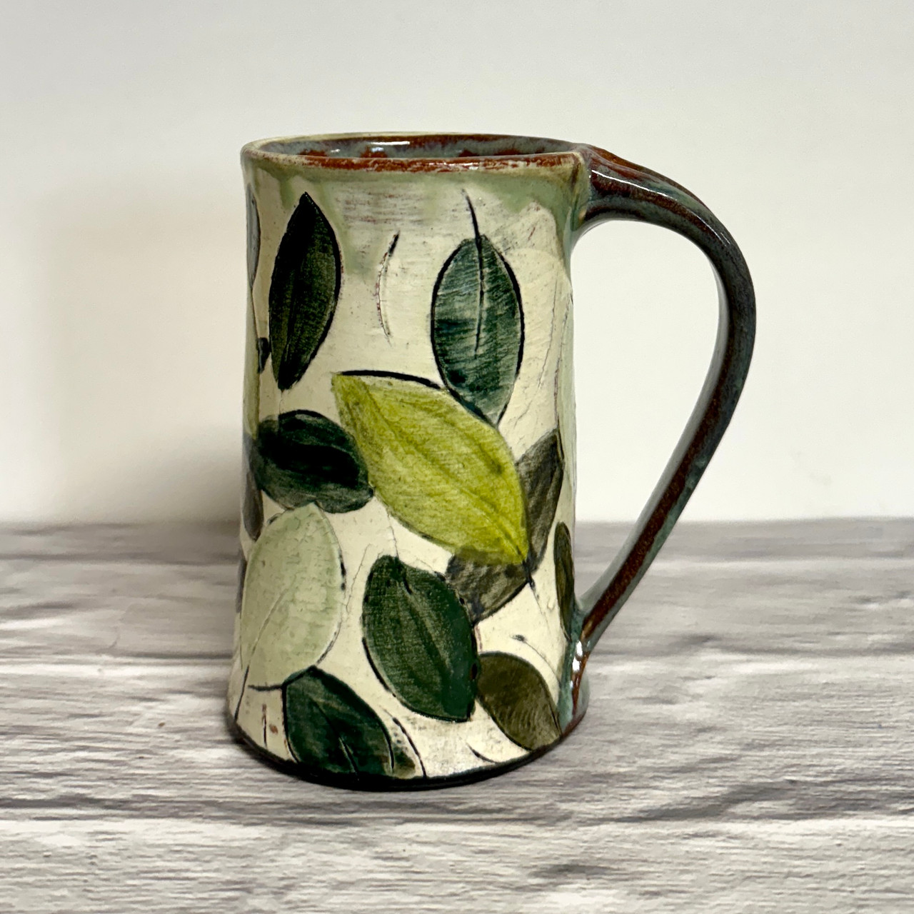Hand Carved Mug with Red and Chocolate Flowers-One of a kind!