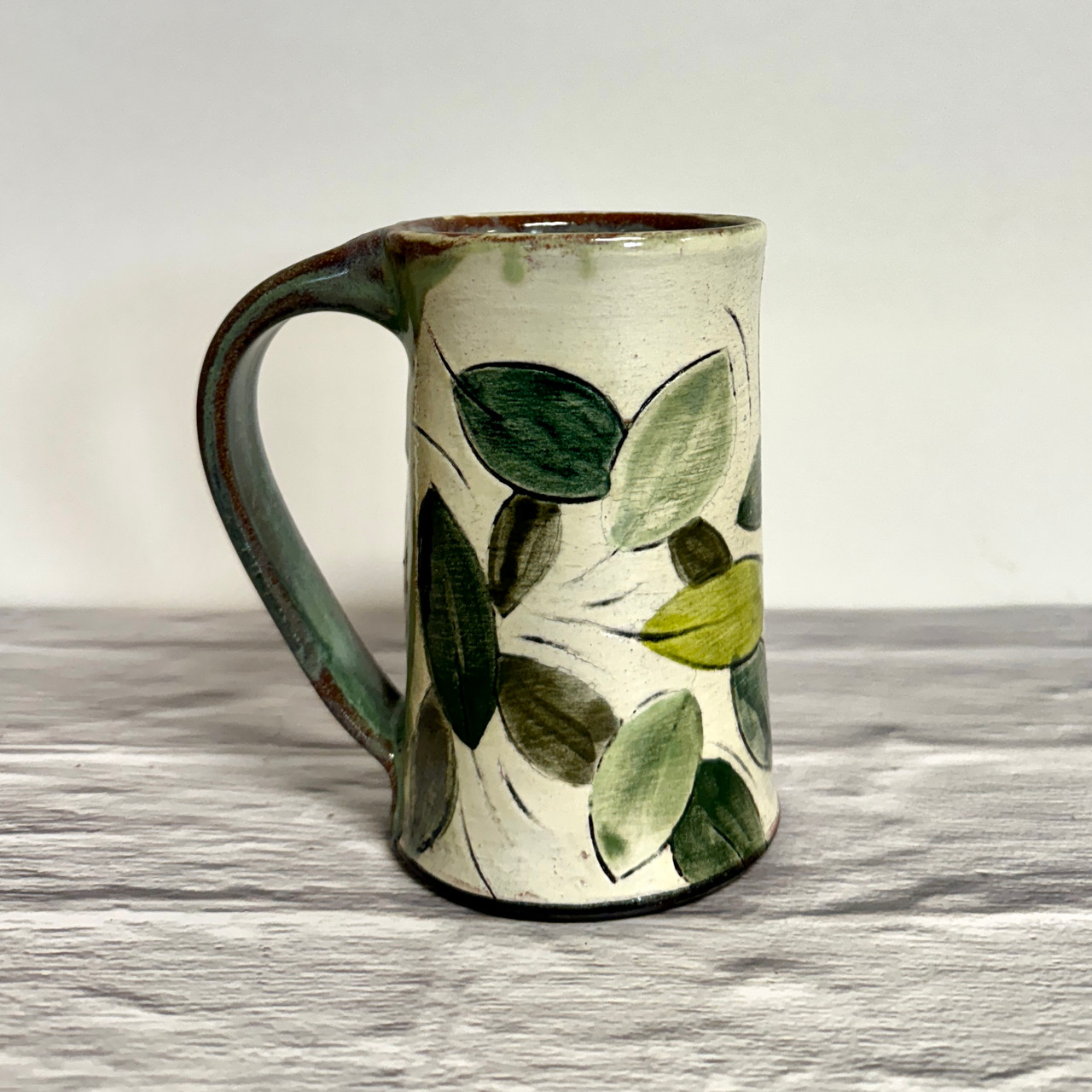 Hand Carved Mug with Red and Chocolate Flowers-One of a kind!