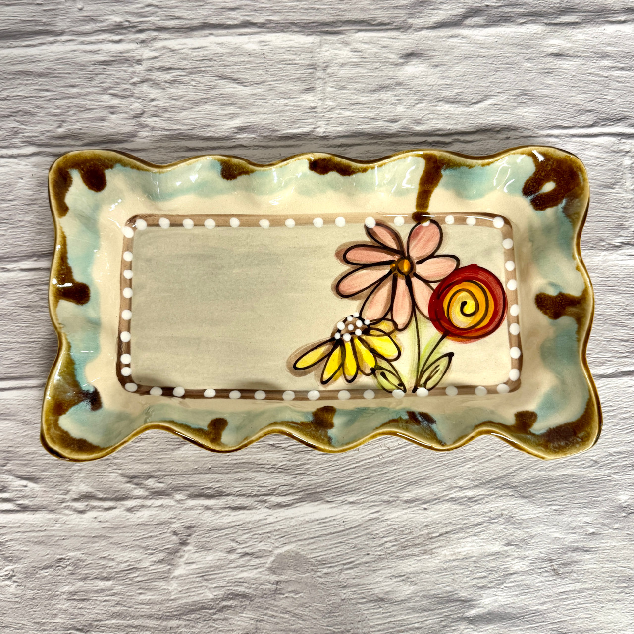 Handmade Pottery Rippled Dessert Tray with Flowers