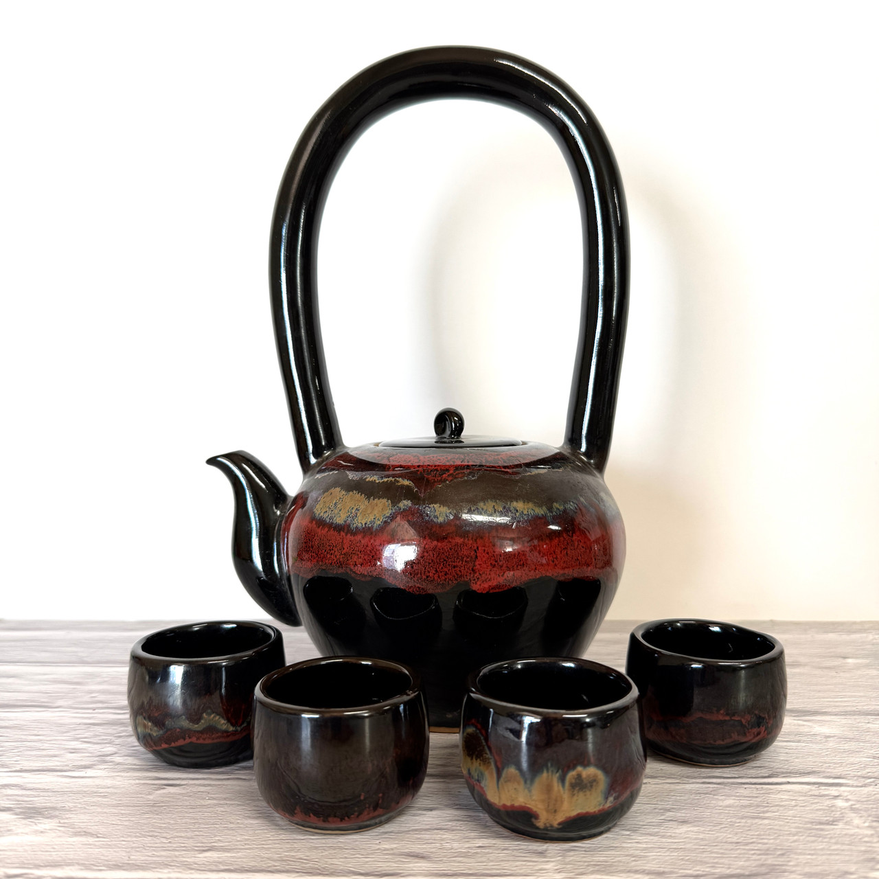 Handmade Pottery Long Handled Teapot with 4 Cups