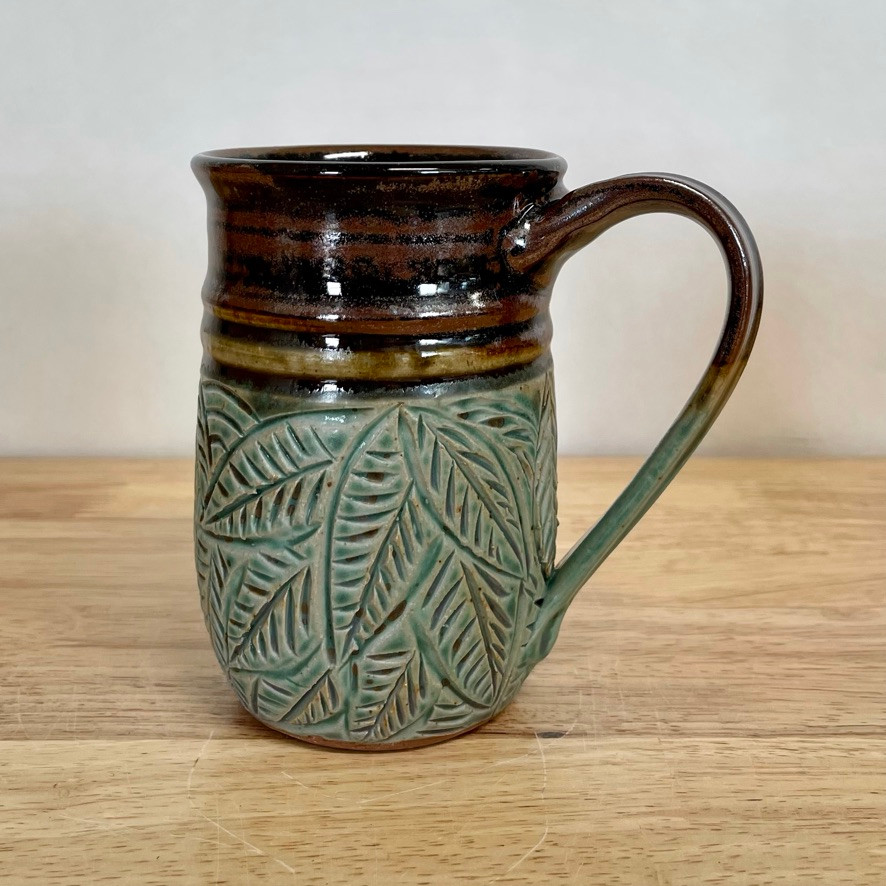 Carved Leaf Rounded Mug in Shadow Blue and Green 14 oz