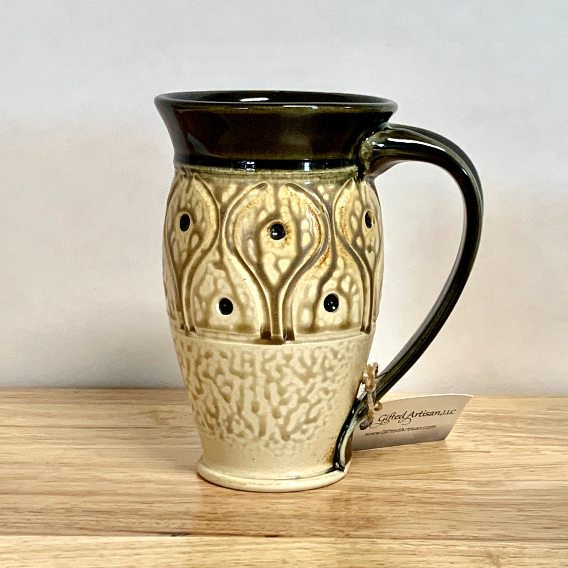 Beige and Black Hand Carved Mug 16 oz.