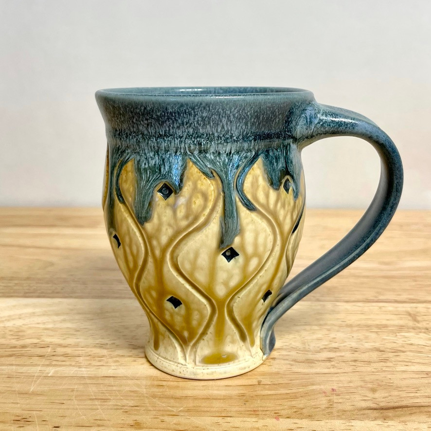 Beige and Blue Hand Carved Mug 16 oz