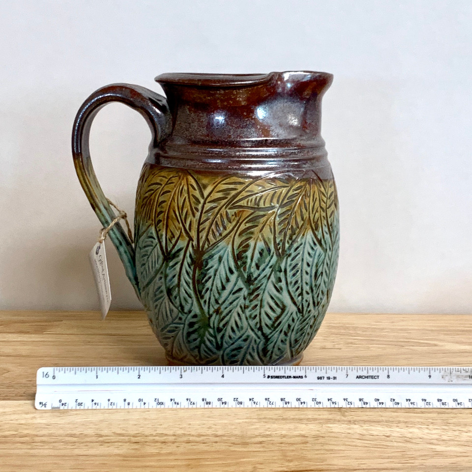 Handmade stoneware pottery pitcher, made in USA