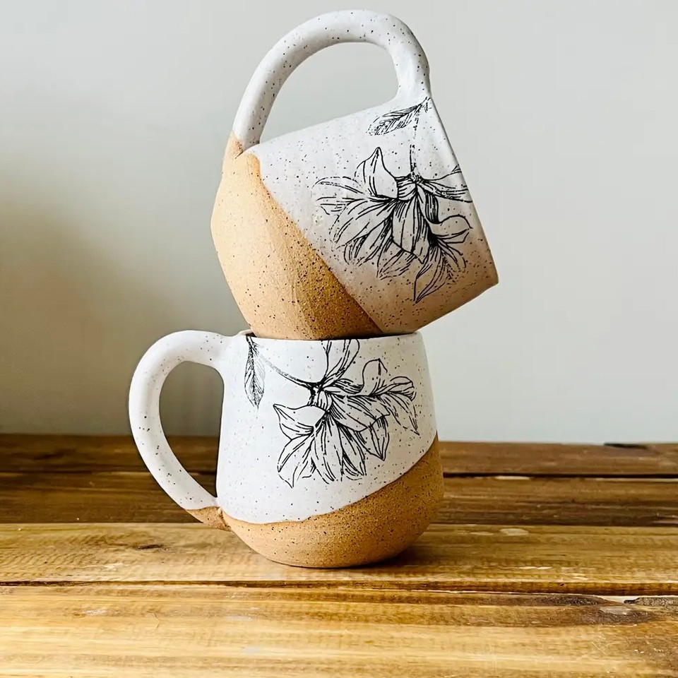 Handmade Pottery Round Bottom Floral Mug