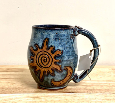 Pottery Mug with a Saying - Blue with Sun & Moon 14 oz