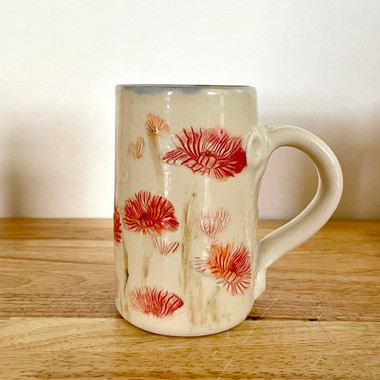 Handmade Pottery Pinkish Red Flower Mug