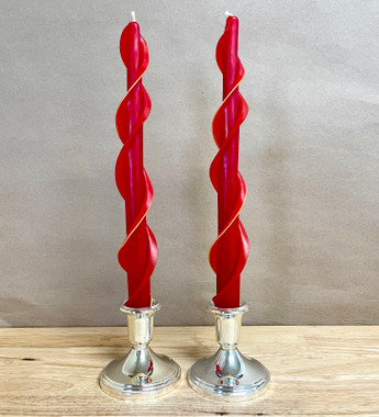 Handmade 100% Beeswax Double Flare Taper Candle in Red with Gold Trim