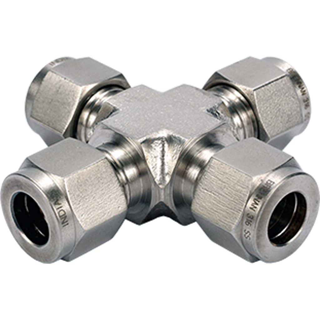 1/8" Tube O.D. Union Cross, Double-Ferrule Stainless Steel - Hi-Line Inc.