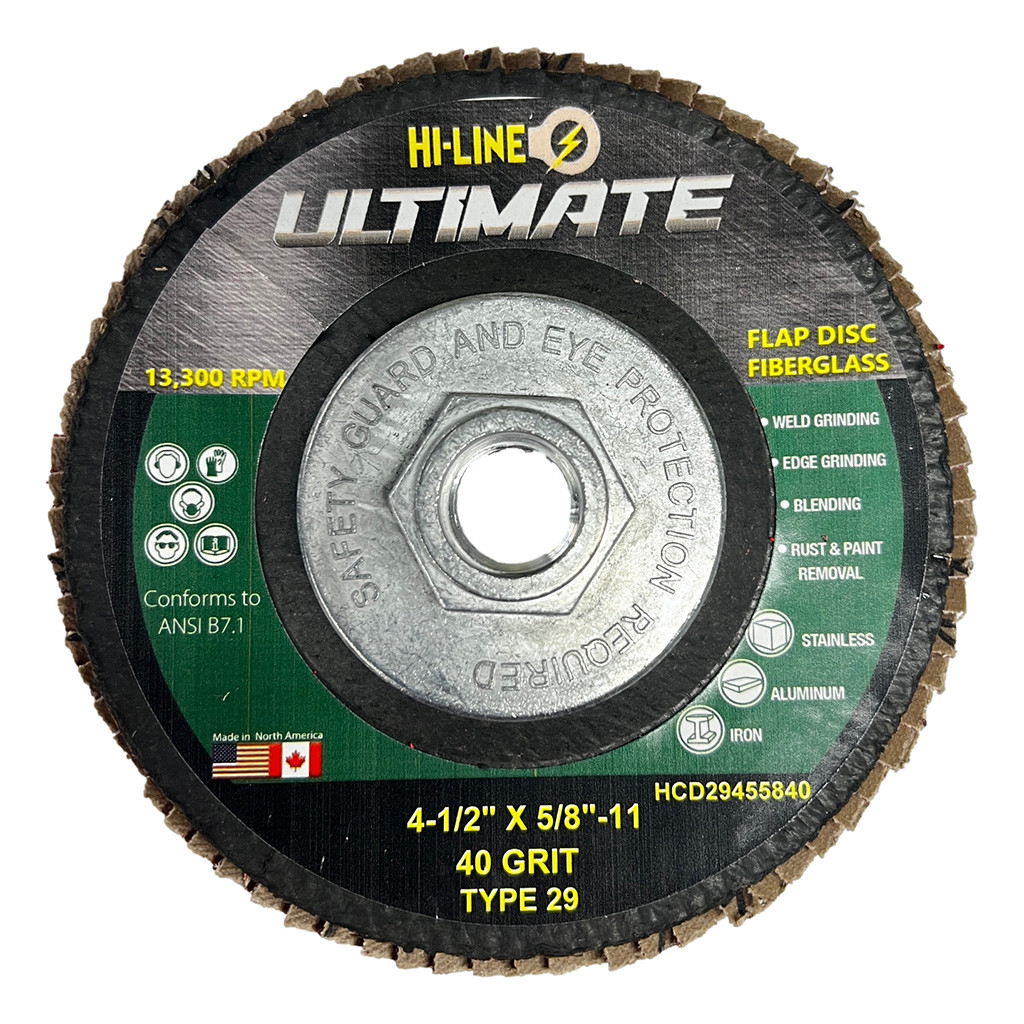 4-1/2", 40 Grit Ultimate Hi-Line Flap Disc with Zinc Hub - Hi-Line Inc.