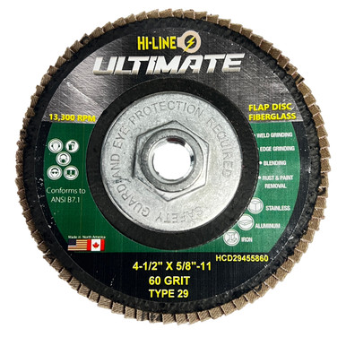 4-1/2", 60 Grit Ultimate Hi-Line Flap Disc with Zinc Hub - Hi-Line Inc.