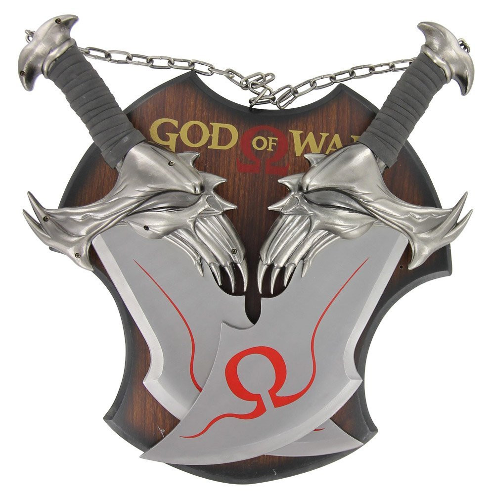 God Of War Twin Blade Short Dagger Set w Wall Plaque Steel Chain Linked ...