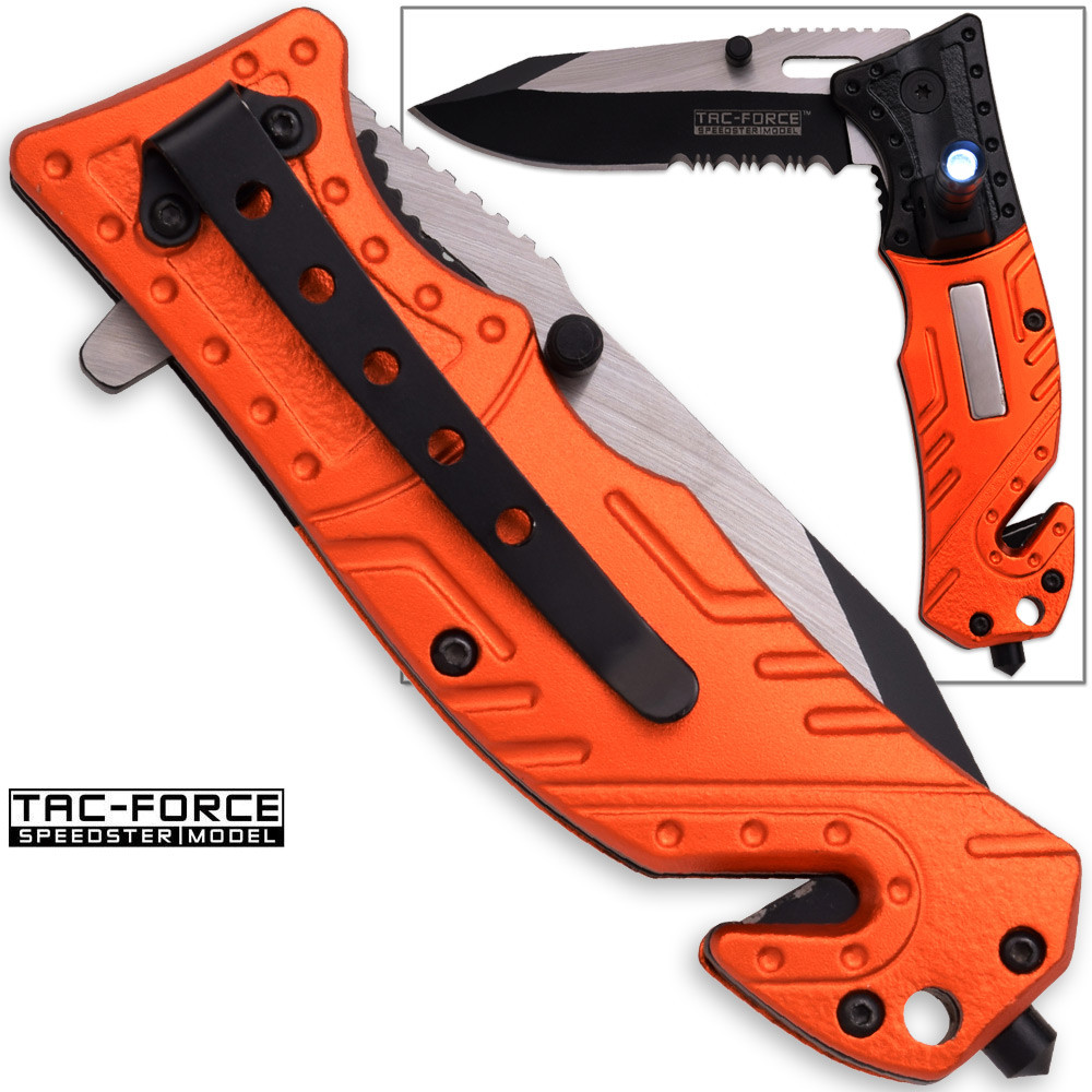 8in TAC Force EMT Hi-Vis Rescue Flashlight Pocket Knife Spring Assisted ...