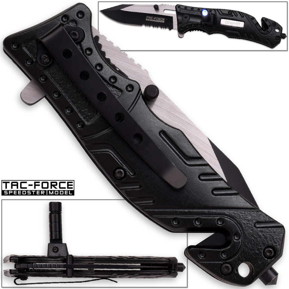 8in TAC Force Sheriff Rescue Flashlight Pocket Knife Spring Assisted ...