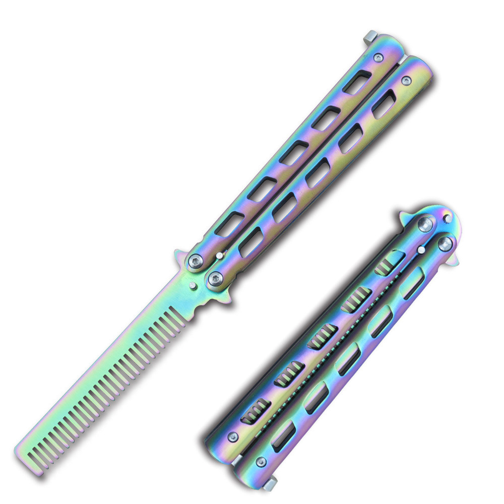 Titanium Rainbow Stainless Steel Folding Butterfly Balisong Comb - Edge ...