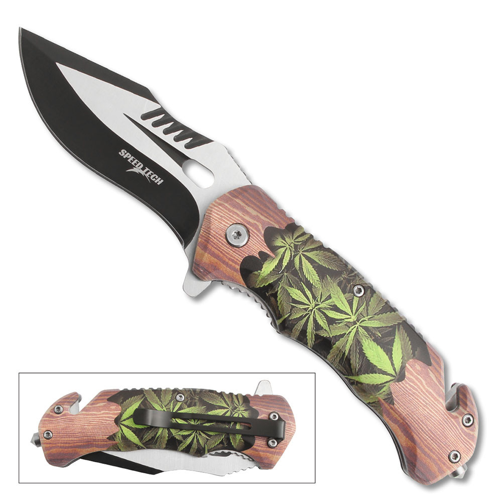 3D Printed SPEED TECH Spring Assisted Marijuana Leaves Pocket Knife ...