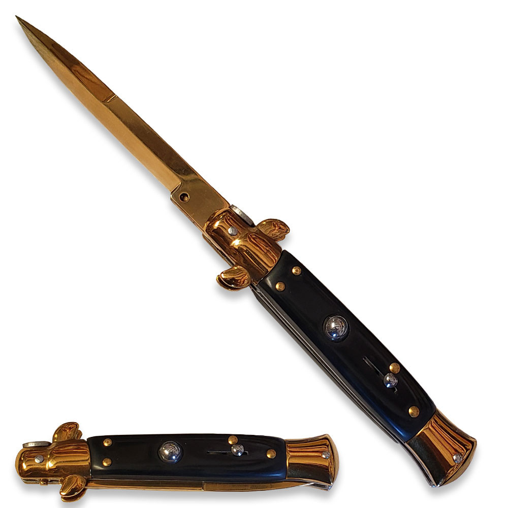 Gold Blade Automatic Stiletto Knife Black Handle - Edge Import