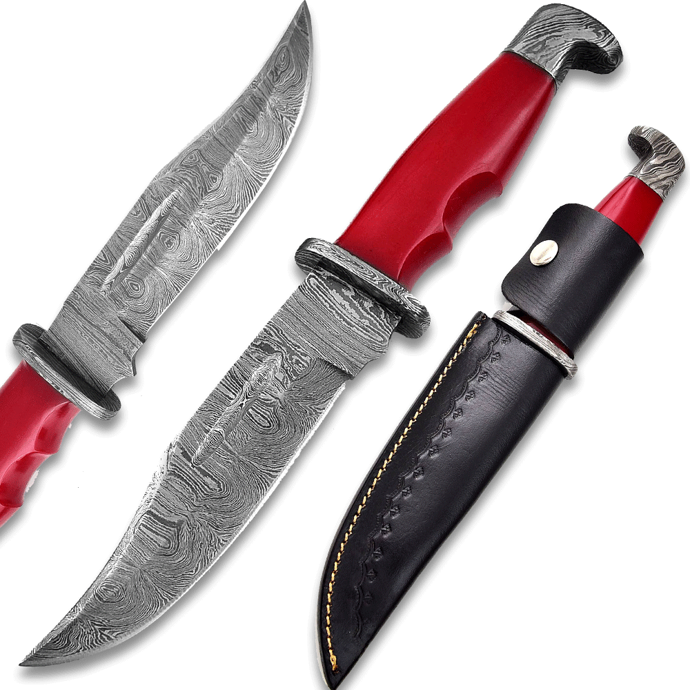 Custom Damascus Steel Bowie Knif Damascus Bolster Red Resin Handle ...