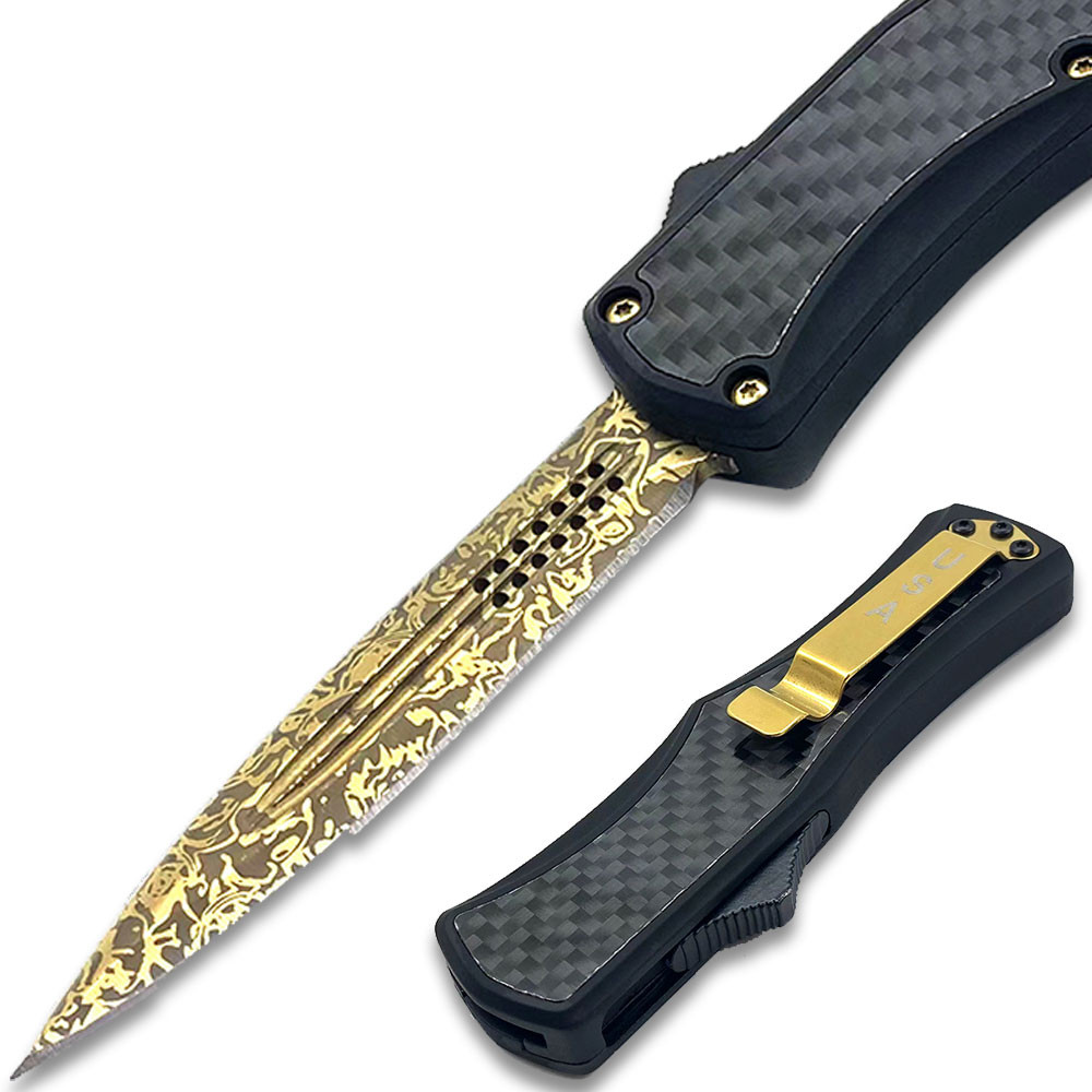 OTF Damascus Pattern Gold Blade Double Edge Carbon Fiber Handle - Edge ...