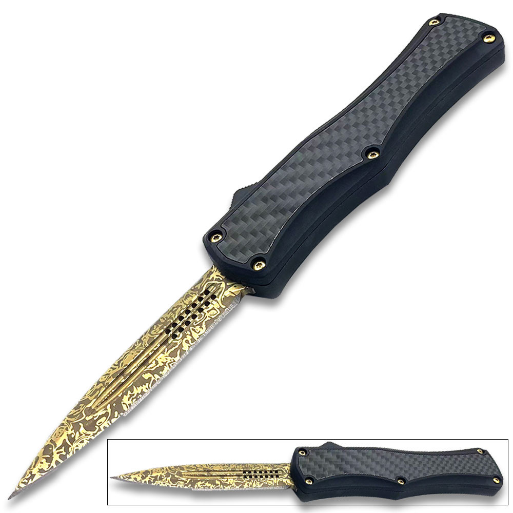 OTF Damascus Pattern Gold Blade Double Edge Carbon Fiber Handle - Edge ...