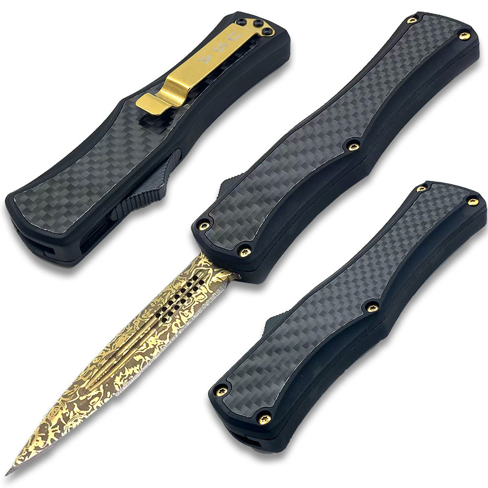 OTF Damascus Pattern Gold Blade Double Edge Carbon Fiber Handle - Edge ...