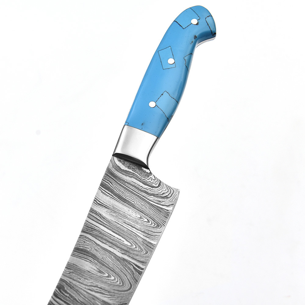 Santoku Forged Chef Knife Damascus Steel Blue Resin Grips - Edge Import
