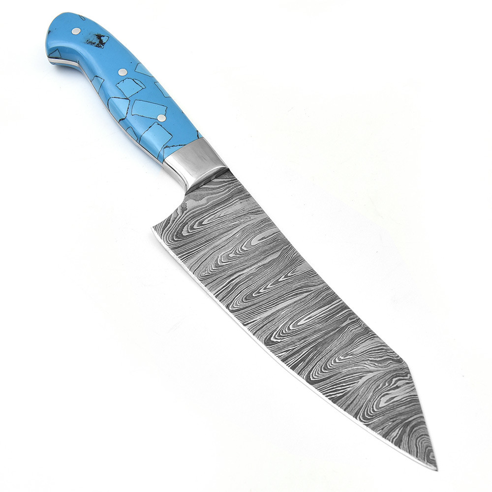 Santoku Forged Chef Knife Damascus Steel Blue Resin Grips - Edge Import