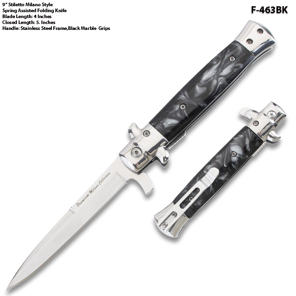 9"Premium Stiletto Milano Style Spring Assisted Marble Black Handle ...
