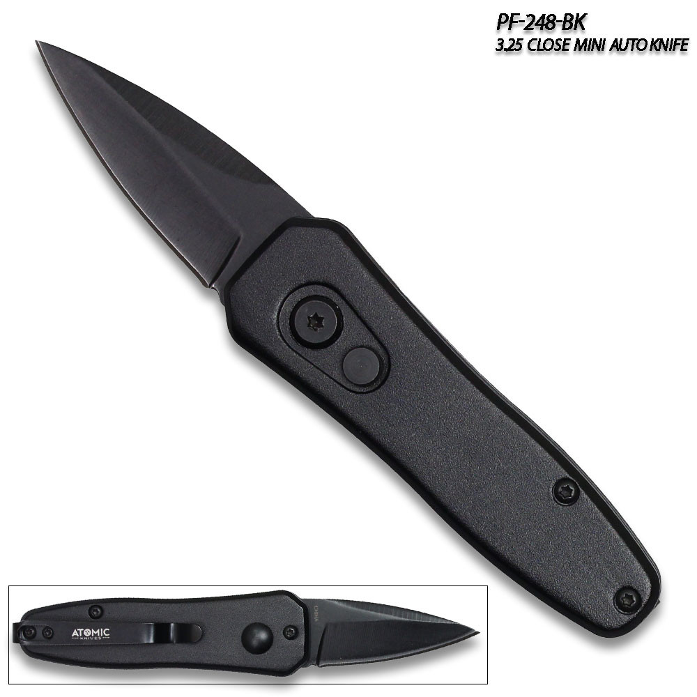 Black Push Button Legal Auto Knife (Black) - Edge Import