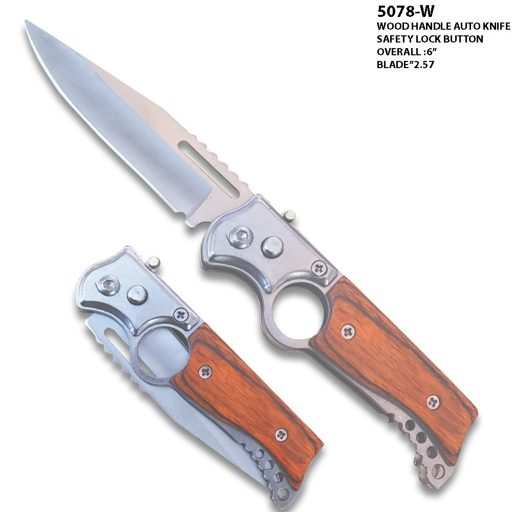 Auto Push Button Wood Handle Pocket Knife w/Finger Hole - Edge Import