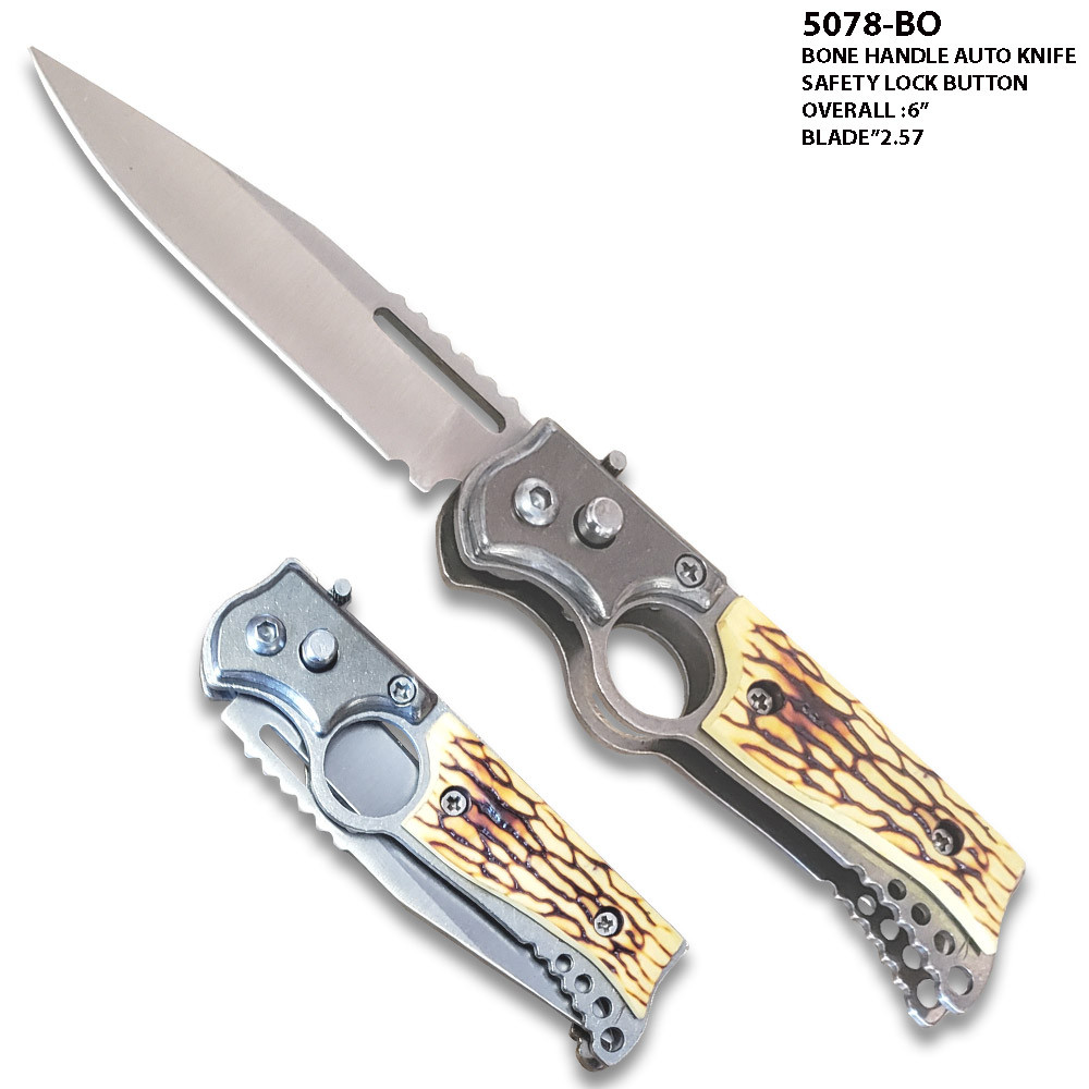 Auto Push Button Bone Handle Pocket Knife w/Finger Hole - Edge Import