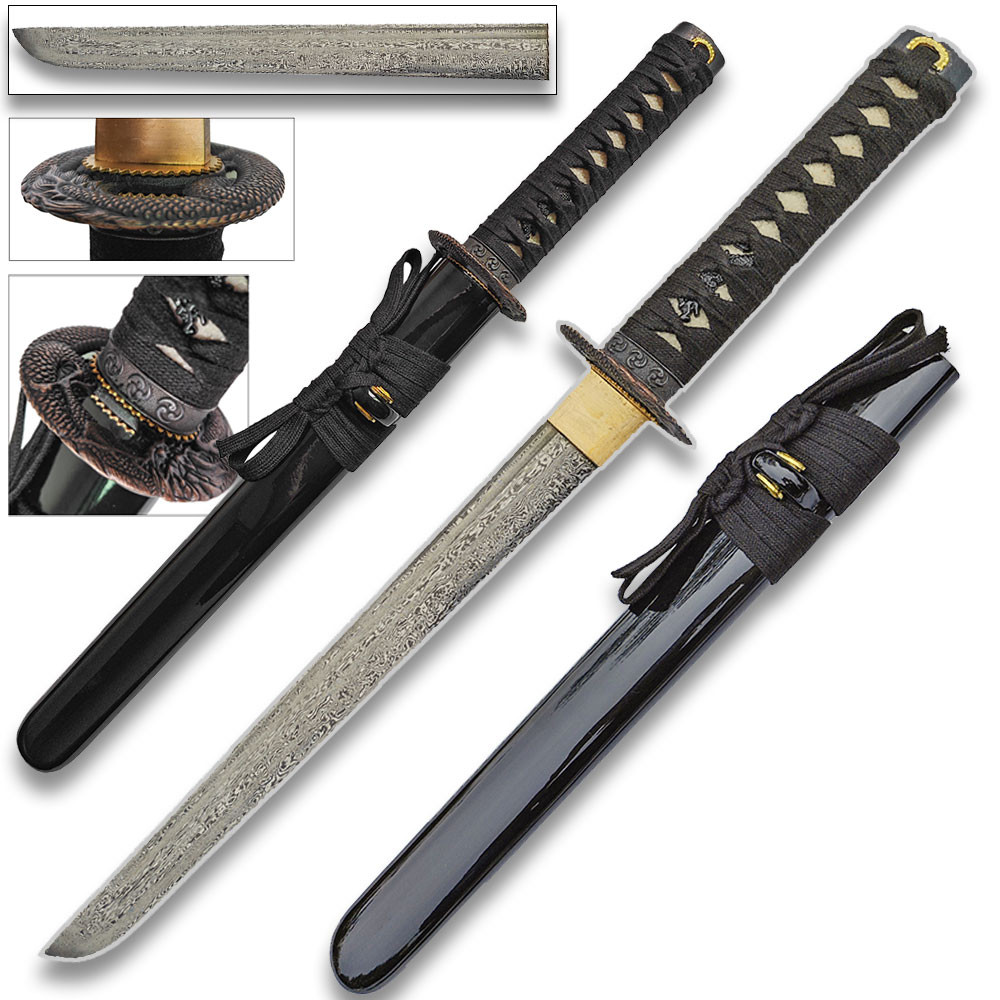 Moshiro Damascus Blade - Folded 1065 Dragon Tsuba Tanto Sword - Edge Import