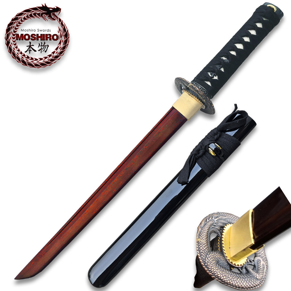 Moshiro Damascus Red Blade - Folded 1065 Dragon Tsuba Tanto Sword ...