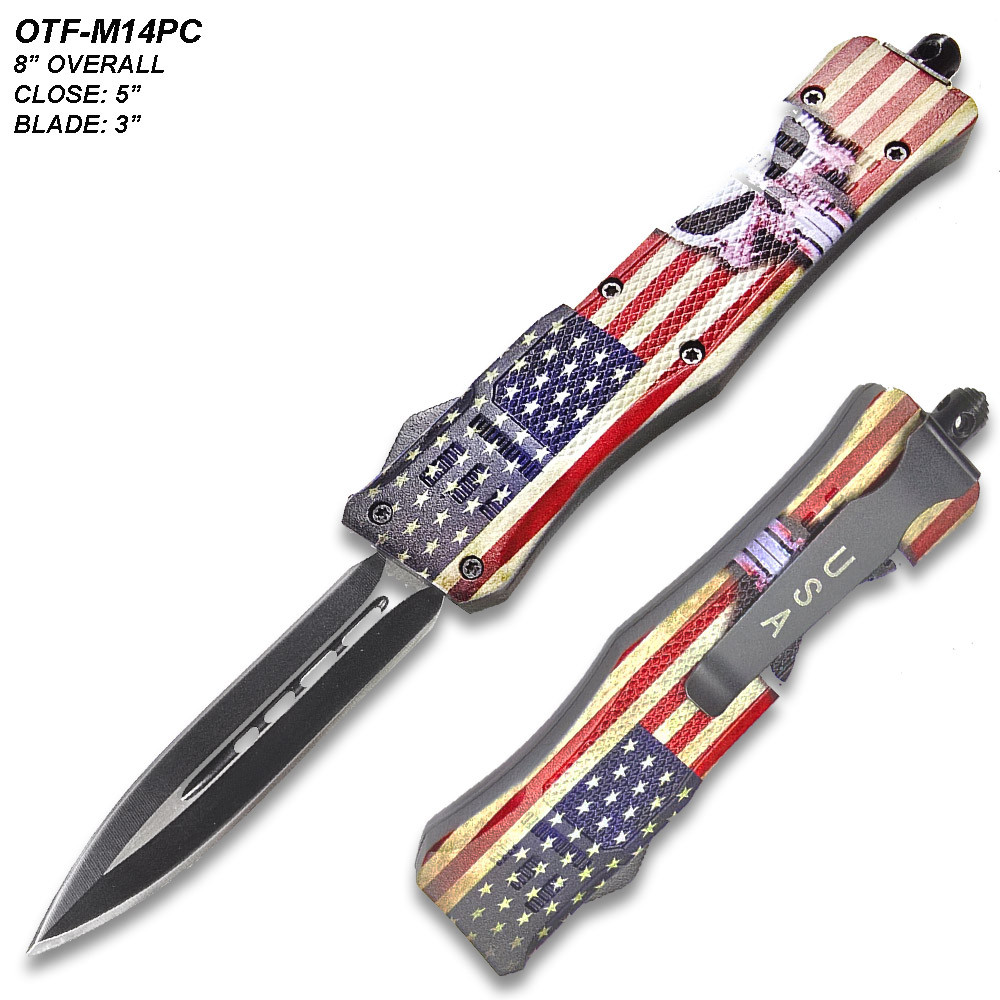 Punisher Swift OTF Knife Double Edge Blade American Flag overall 8 ...