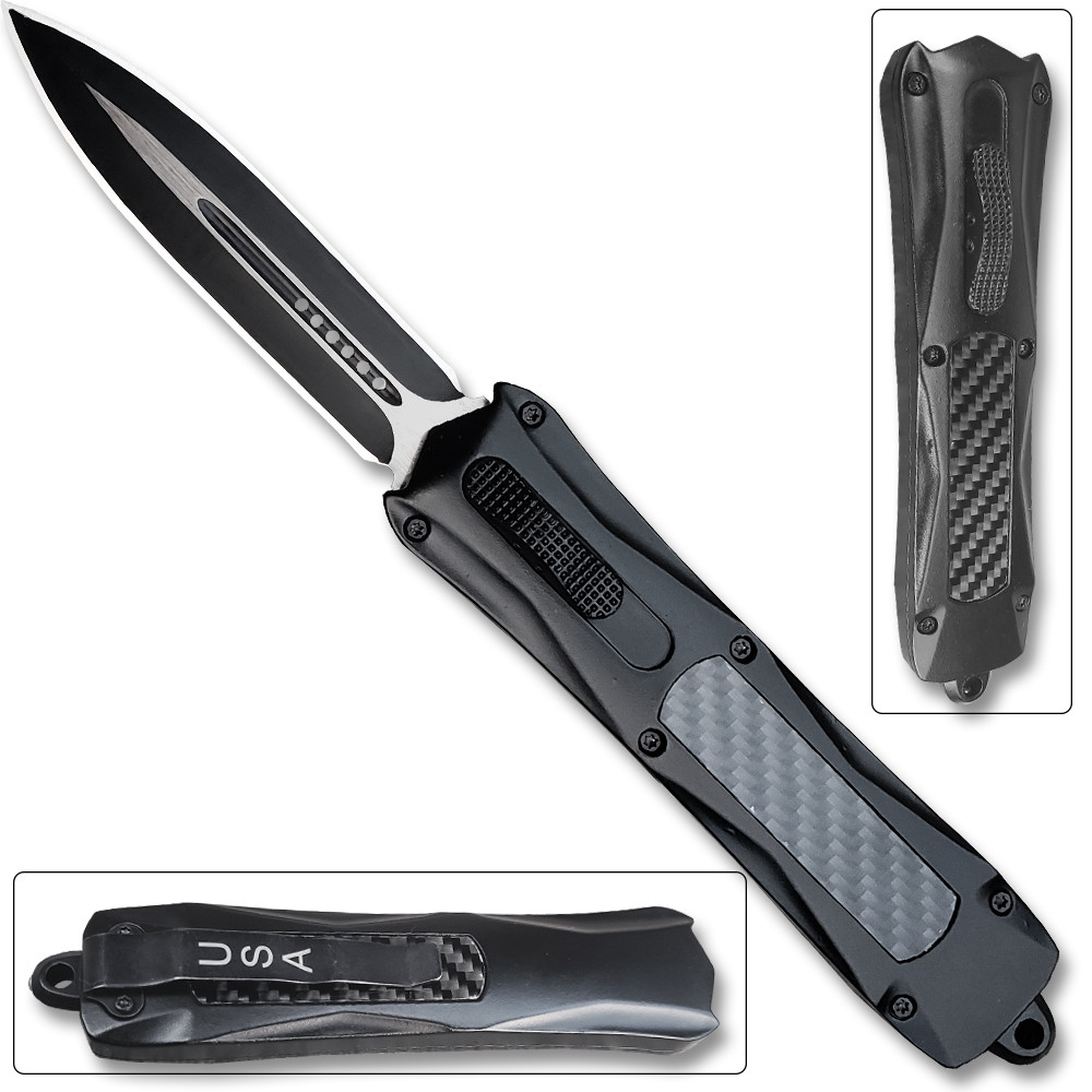 Spear Point OTF Knife Out The Front Tactical Straight Edge Black Carbon ...