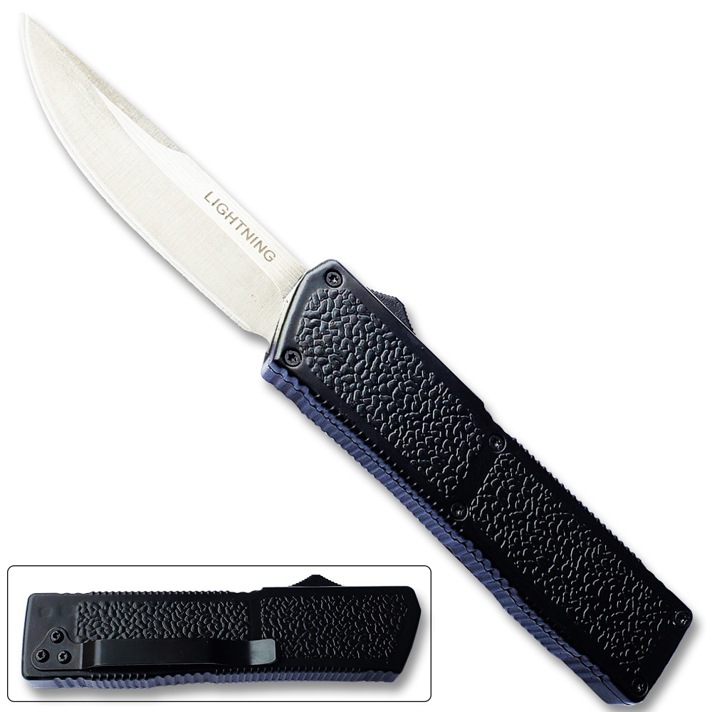 Lightning Black Handle OTF Automatic Silver Drop Point Blade - Edge Import