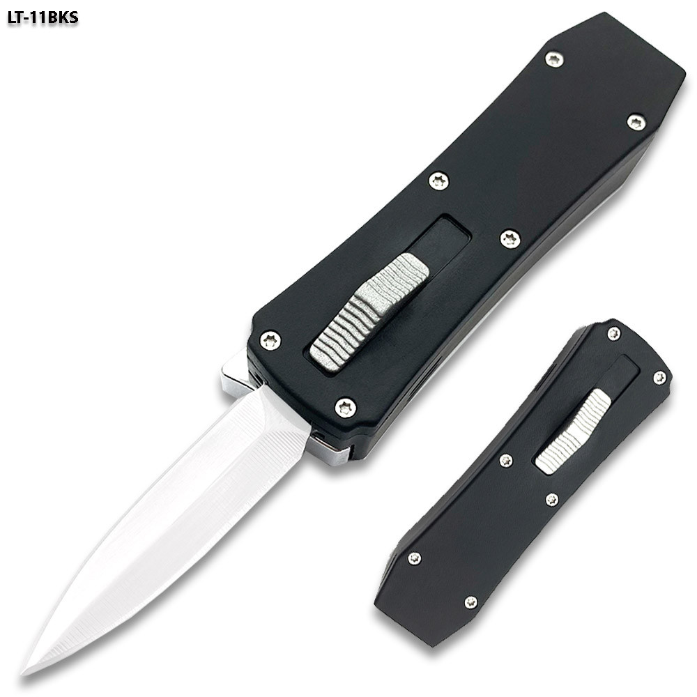 Butane Lighter OTF Knife Spear Point, Double Edged Black Handle - Edge ...