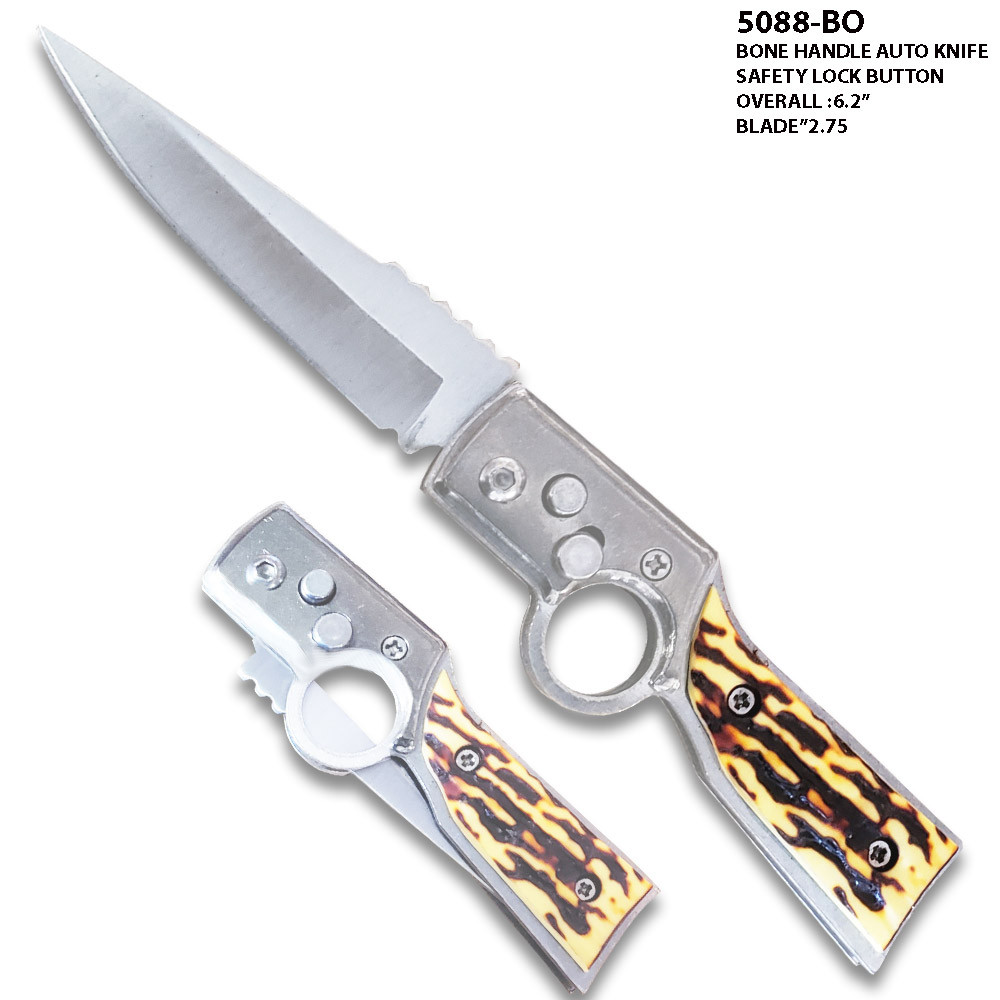 Auto Push Button Bone Handle Clip Point Pocket Knife w/Finger Hole ...