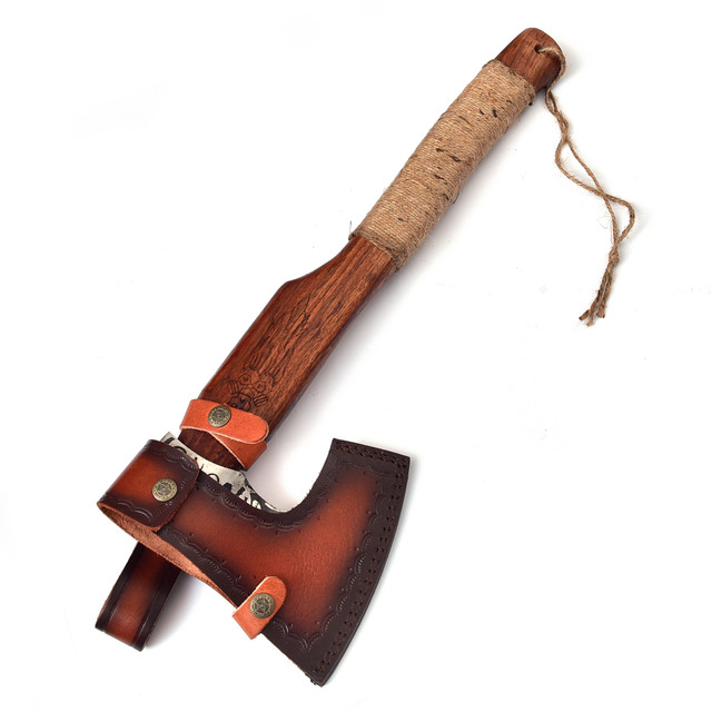 Viking Axe With Custom Skull Etched Brown Rope Wrapped Handle - Edge Import